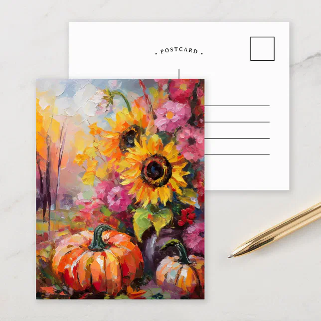 Colorful Autumn Floral and Pumpkins Postcard | Zazzle