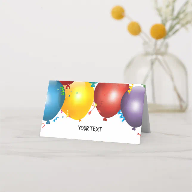Colorful Balloons & Confetti Birthday Party Table Place Card | Zazzle