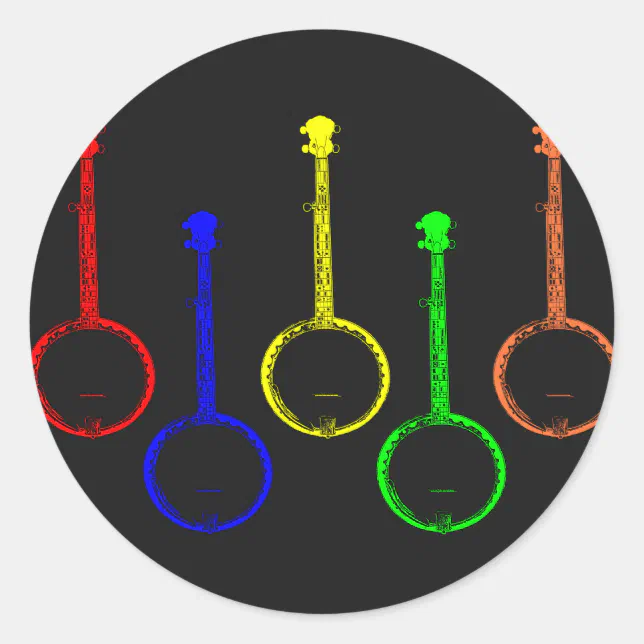 colorful banjos classic round sticker | Zazzle