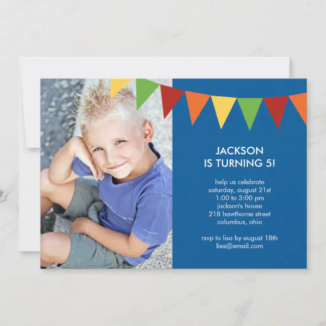Colorful Banners Photo Birthday Invitation - Blue | Zazzle