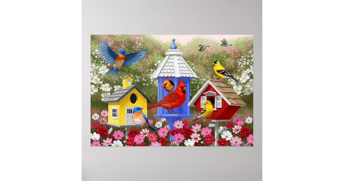 Colorful Birds and Birdhouses Flower Garden Poster | Zazzle