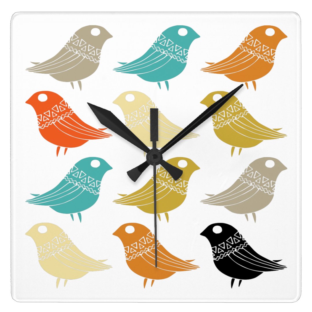 Colorful Birds Mid Century Modern Kitchen Square Wall Clock | Zazzle