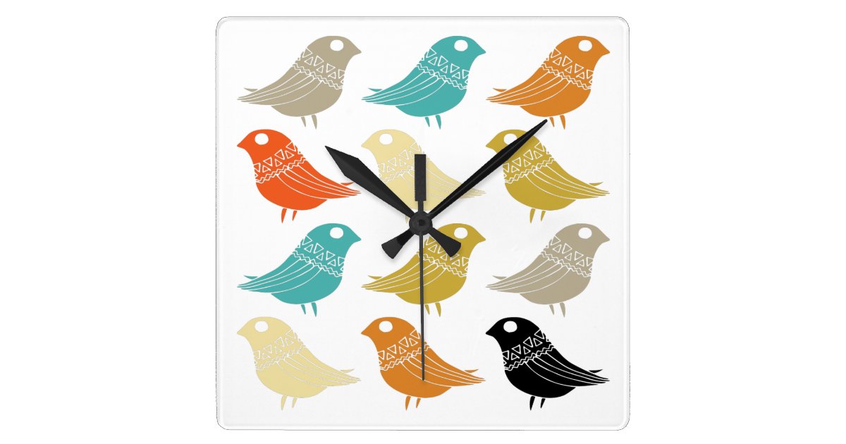 Colorful Birds Mid Century Modern Kitchen Square Wall Clock | Zazzle