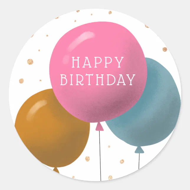 Colorful Birthday Balloons Gold Glitter Confetti Classic Round Sticker ...