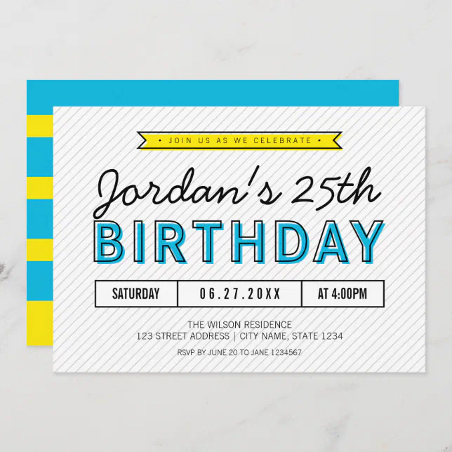 Colorful Blue and Yellow Any Age Modern Birthday Invitation | Zazzle