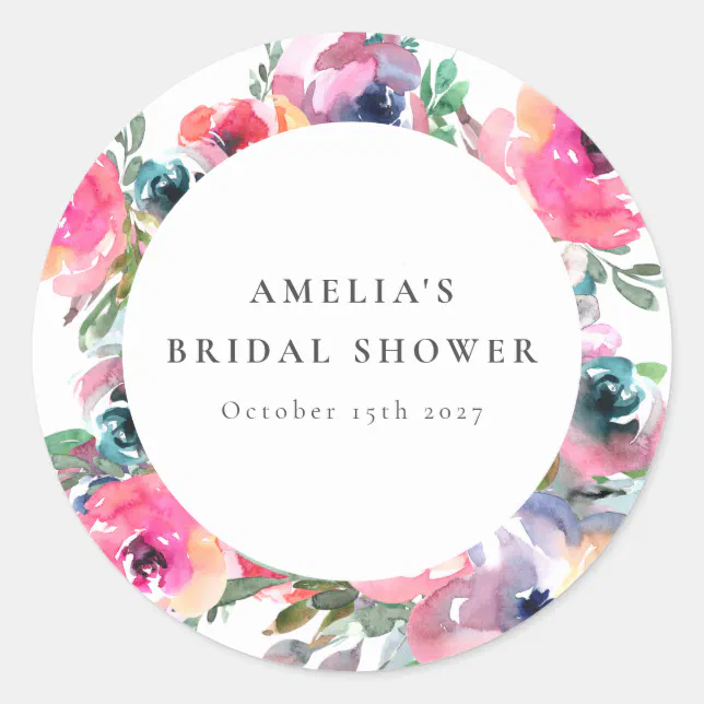 Colorful Boho Watercolor Floral Bridal Shower Classic Round Sticker ...