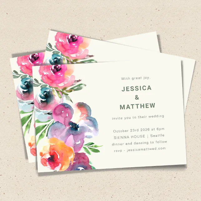 Colorful Boho Watercolor Flowers Simple Wedding Invitation | Zazzle