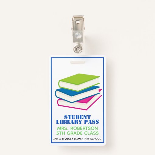 Colorful Books School Library Hall Pass Badge | Zazzle