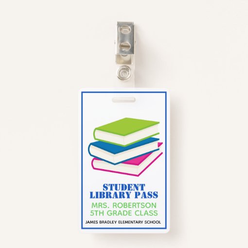 Colorful Books School Library Hall Pass Badge | Zazzle