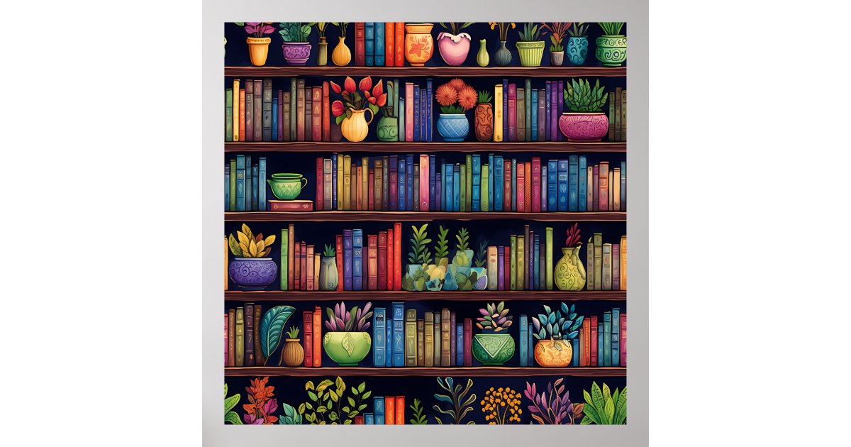 Colorful Bookshelf Wall Poster Print | Zazzle
