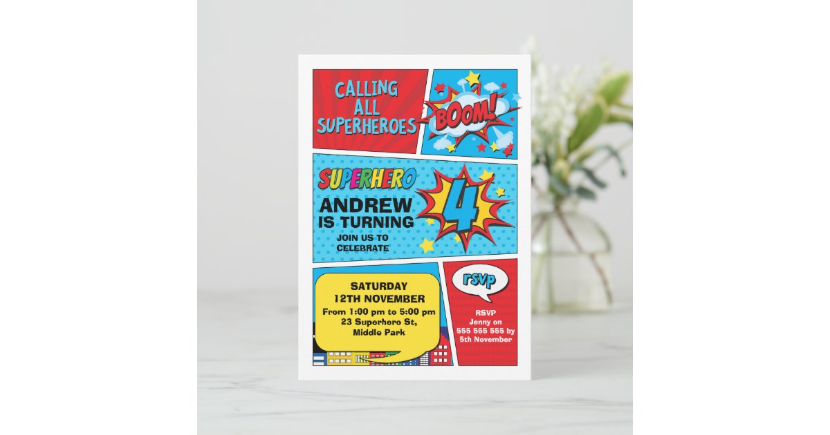 Colorful Boom Superhero 4th Birthday Invitation | Zazzle