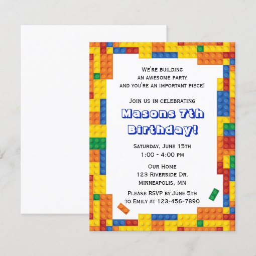 Colorful Bricks Building Blocks Birthday Party Invitation | Zazzle