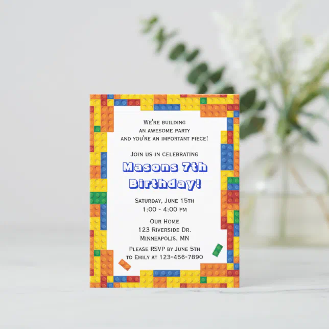 Colorful Bricks Building Blocks Birthday Party Invitation | Zazzle