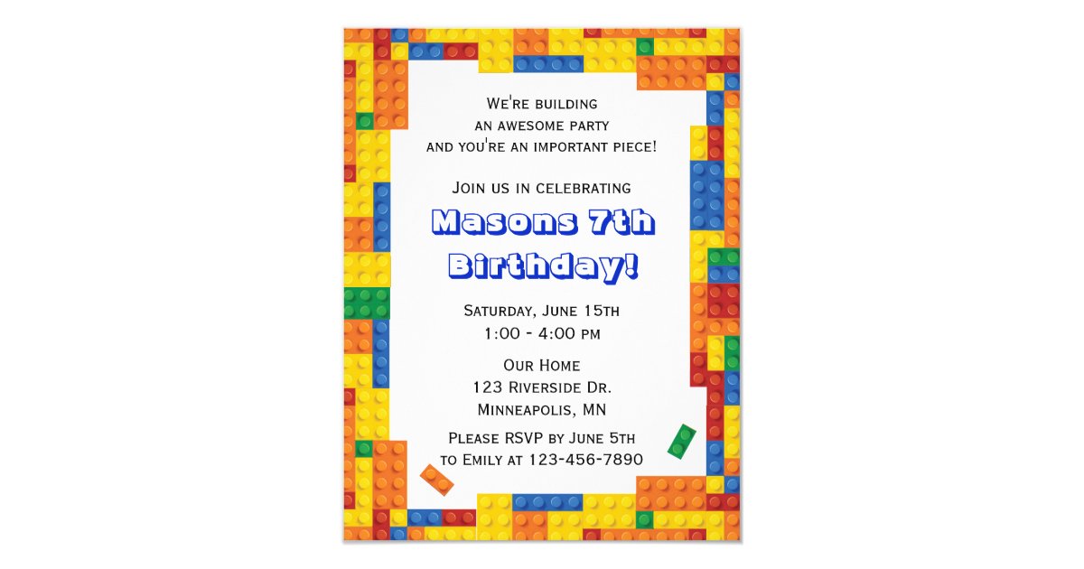 Colorful Bricks Building Blocks Birthday Party Invitation | Zazzle.com