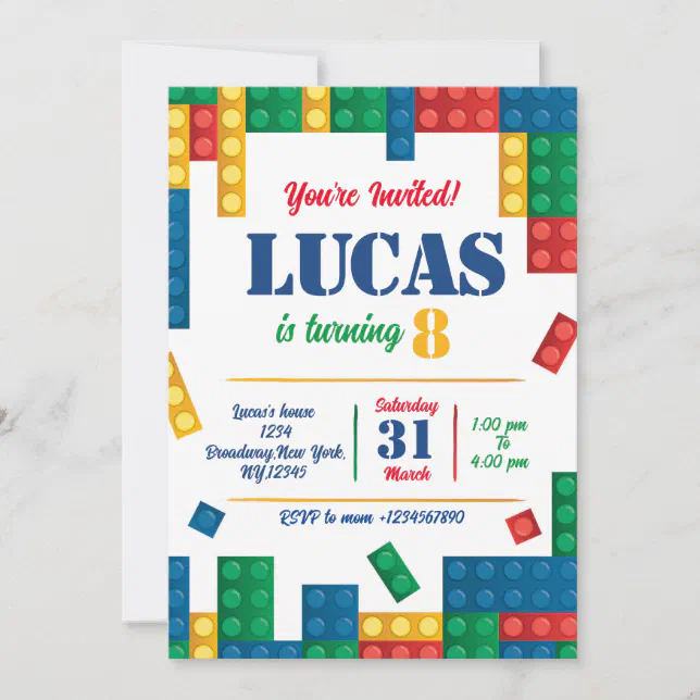 Colorful Bricks Building Blocks Birthday Party Invitation | Zazzle