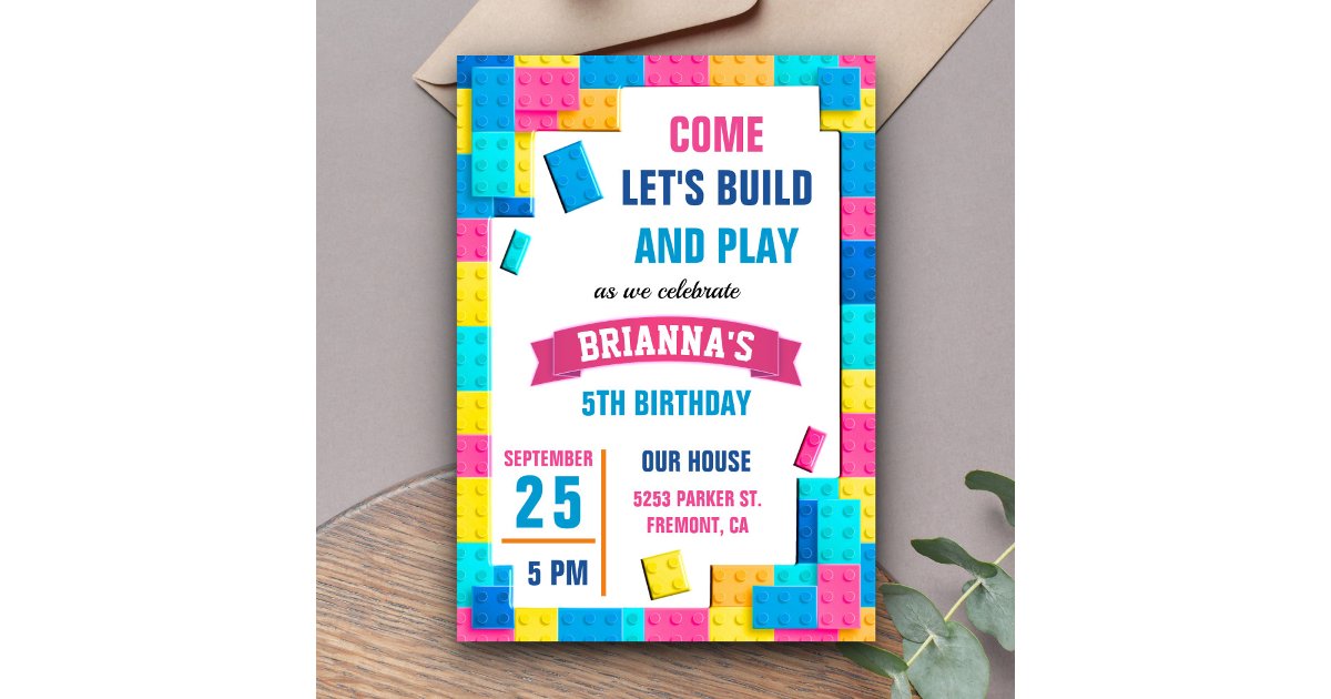 Colorful Bricks Building Blocks Birthday Party Invitation | Zazzle