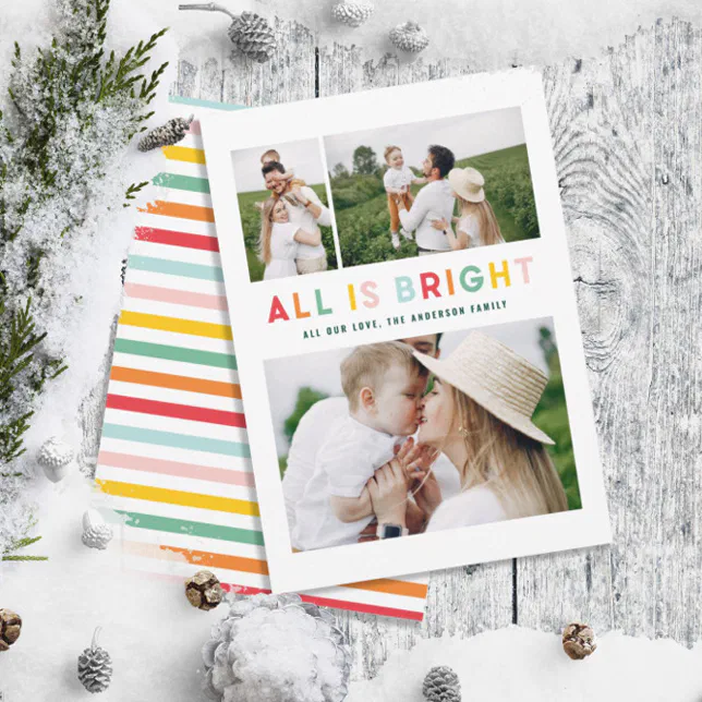 colorful bright 2 photo modern Christmas simple Holiday Card | Zazzle