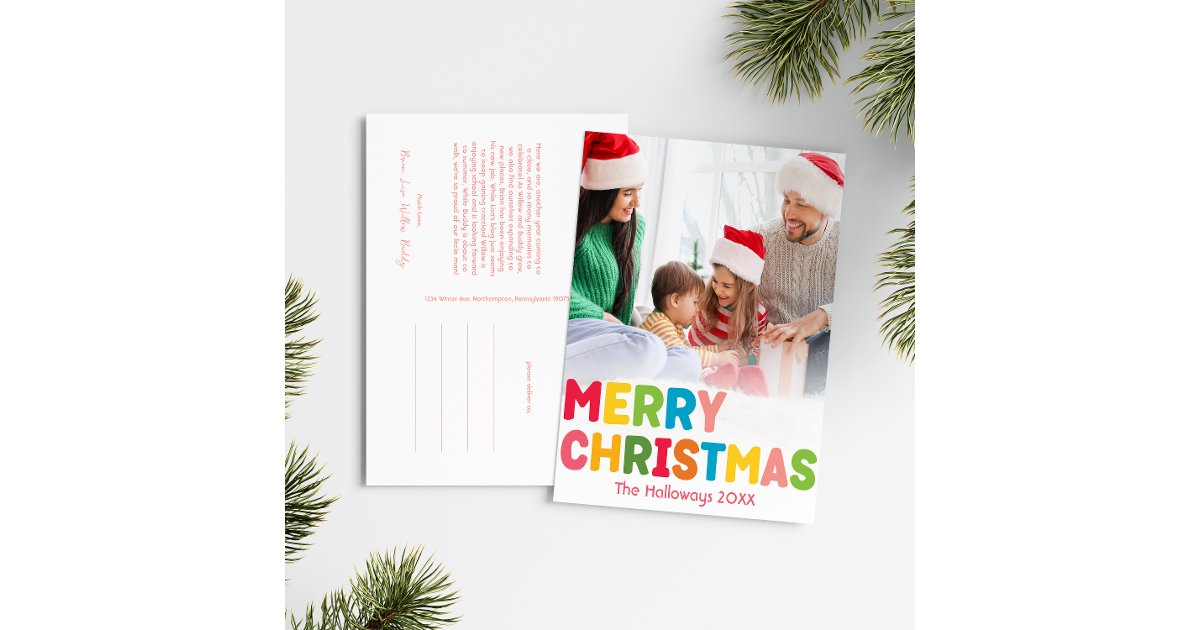 Colorful Bright Merry Christmas Vertical Photo Holiday Postcard | Zazzle