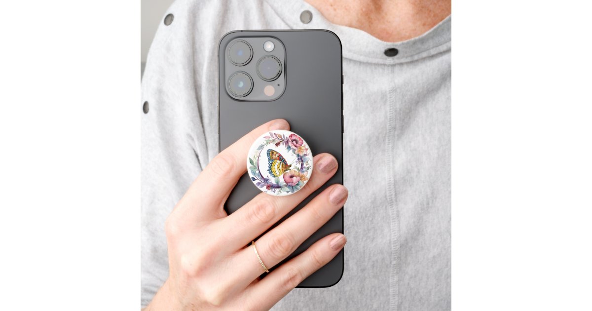Colorful Butterfly, surrounded with flower border PopSocket | Zazzle