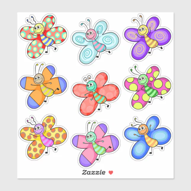 Colorful Cartoon Butterflies Sticker | Zazzle