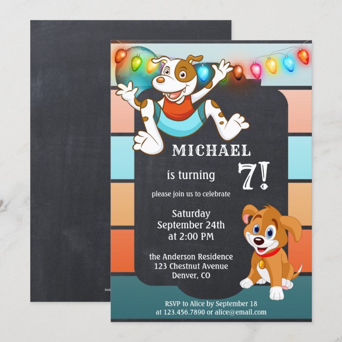 Colorful Chalkboard Cute Dogs Kids Birthday Invitation | Zazzle