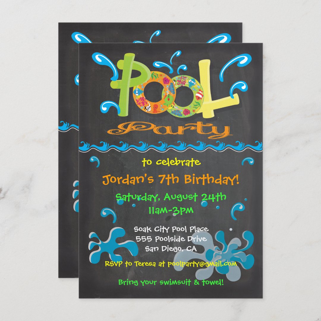 Colorful Chalkboard Pool Party Invitations | Zazzle