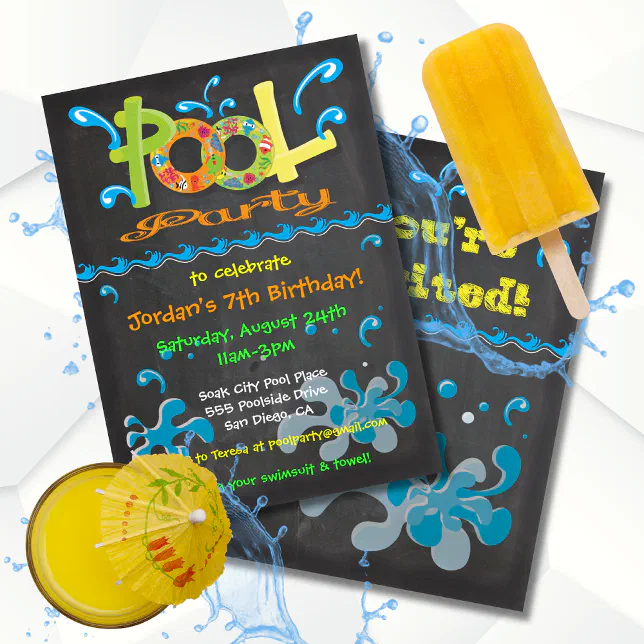 Colorful Chalkboard Pool Party Invitations | Zazzle