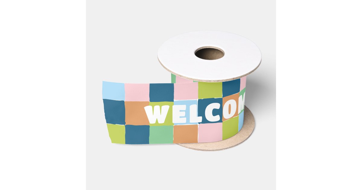Colorful Checkerboard Blocks with Custom Text Satin Ribbon | Zazzle