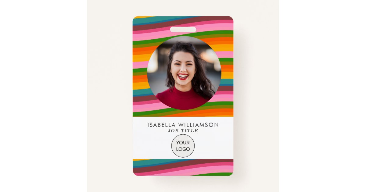 Colorful Cheerful Bright Rainbow Wave Photo ID Badge | Zazzle