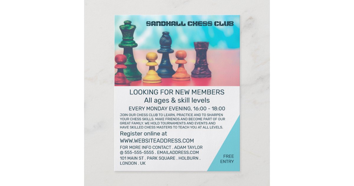 Colorful Chess Pieces, Chess Club Advertising Flyer | Zazzle