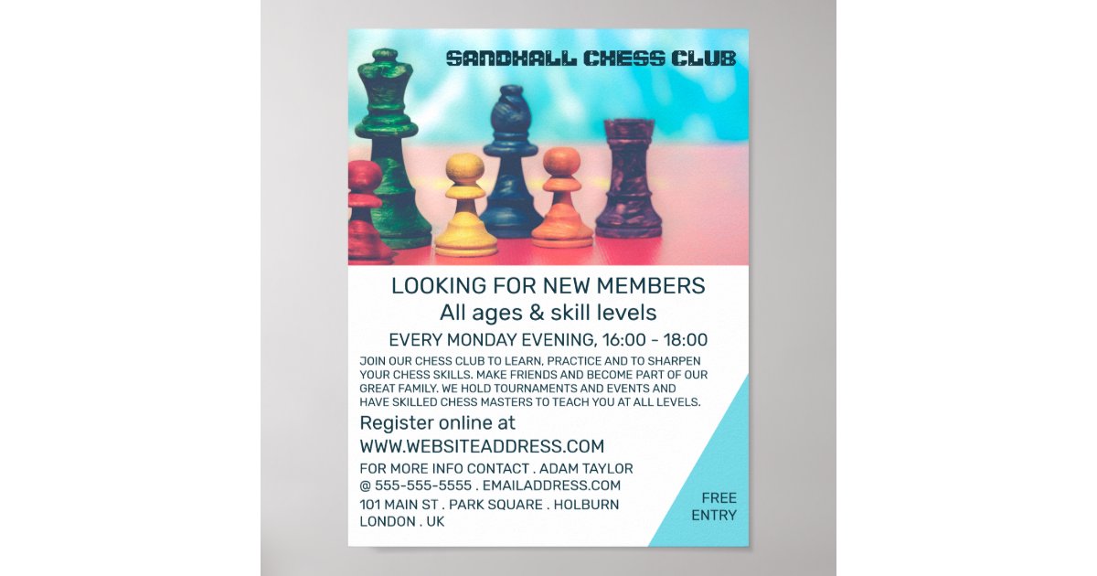 Colorful Chess Pieces, Chess Club Advertising Poster | Zazzle