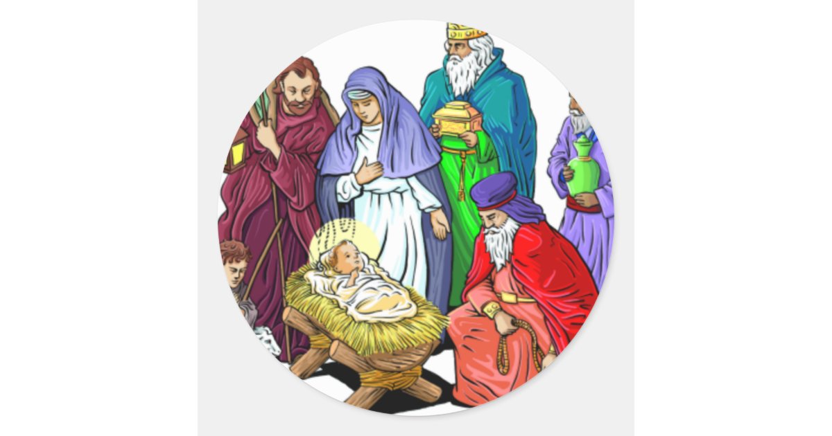 Colorful Christmas Nativity Scene Classic Round Sticker | Zazzle