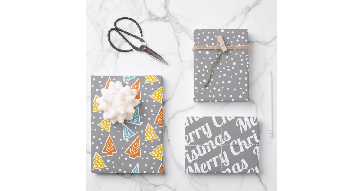 Colorful Christmas trees, "Merry Christmas", snow Wrapping Paper Sheets ...