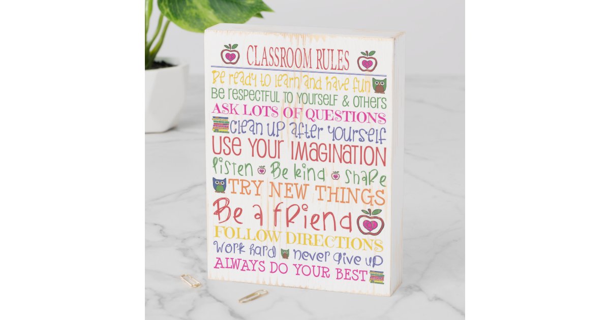 Colorful Classroom Rules Word Art Wooden Box Sign | Zazzle