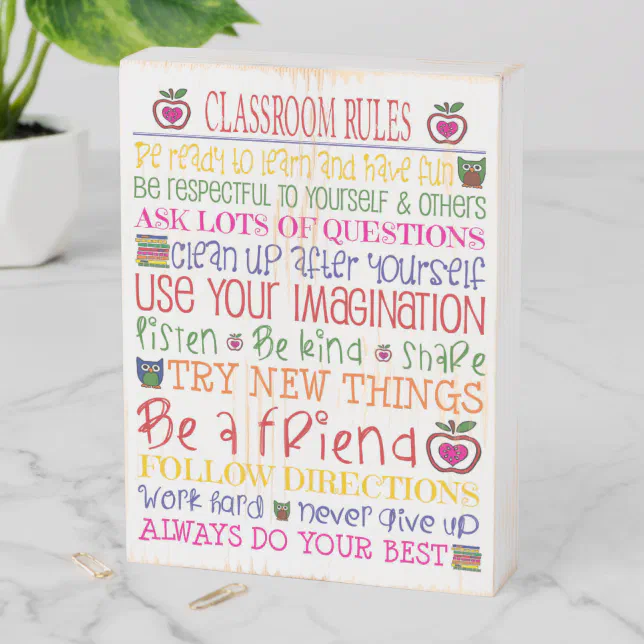 Colorful Classroom Rules Word Art Wooden Box Sign | Zazzle