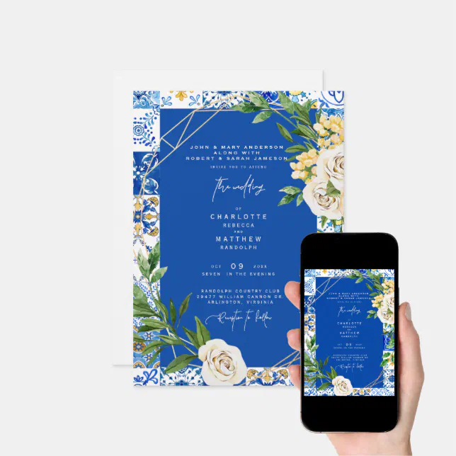 Colorful Cobalt Mediterranean Tile Wedding Invitation | Zazzle