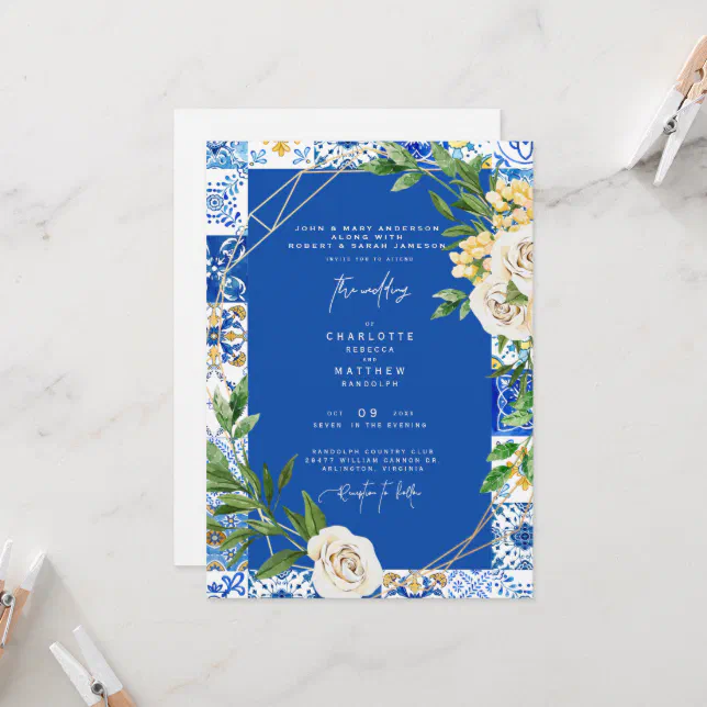 Colorful Cobalt Mediterranean Tile Wedding Invitation | Zazzle