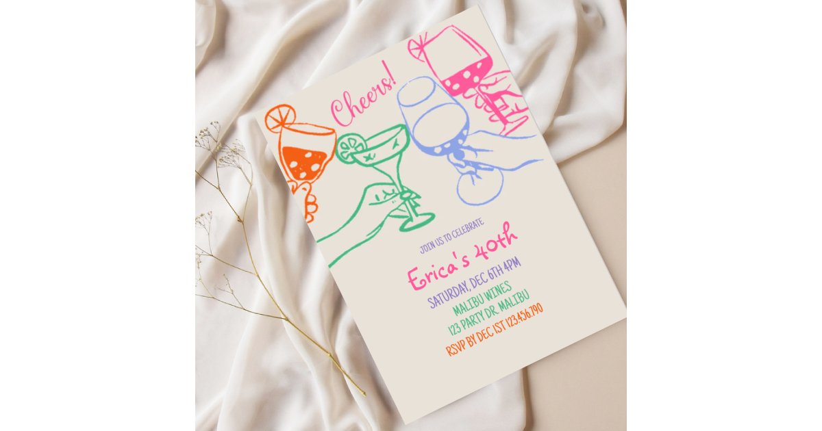 Colorful Cocktail Line Art Birthday Invitation | | Zazzle