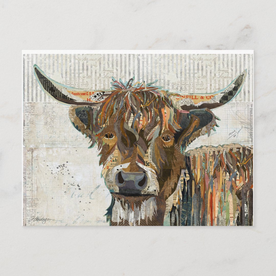 Colorful Collage Highland Cow Postcard | Zazzle