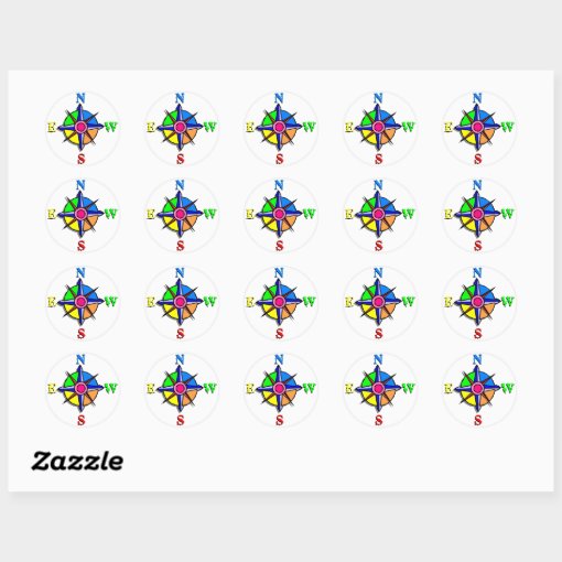 Colorful Compass Rose Classic Round Sticker | Zazzle