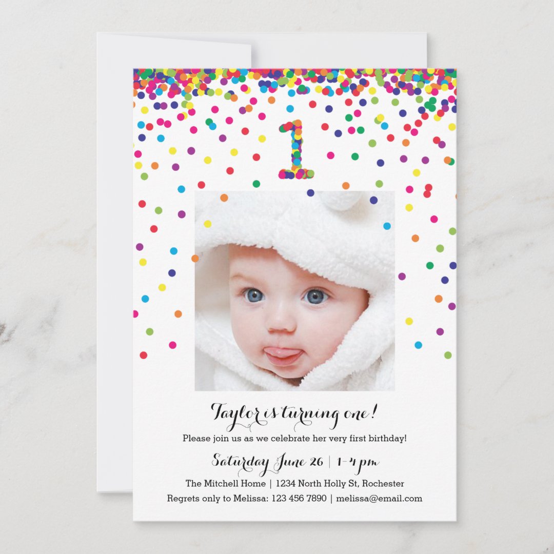 Colorful Confetti 1st Birthday Photo Invitations | Zazzle