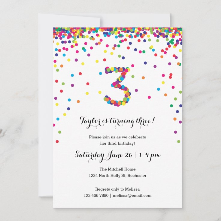Colorful Confetti 3rd Birthday Party Invitations | Zazzle