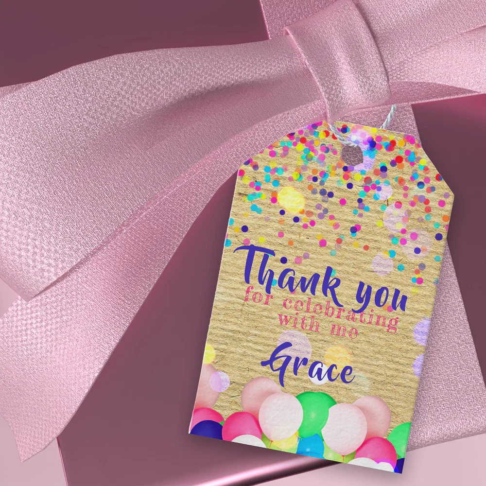 Colorful Confetti And Balloons Birthday Thank You Gift Tags - Snuggle ...