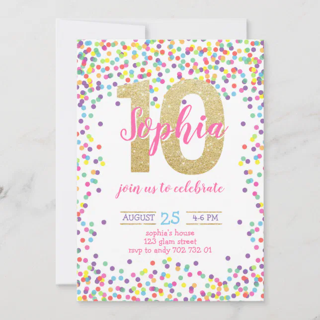 Colorful Confetti Gold Number Girl 10th Birthday Invitation | Zazzle