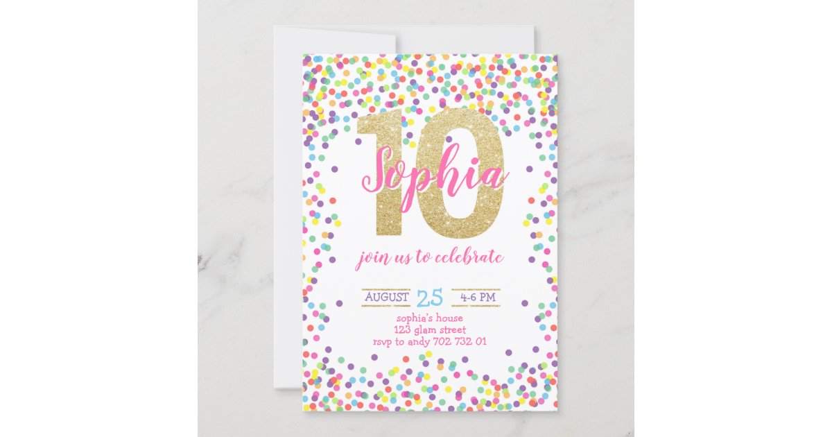 Colorful Confetti Gold Number Girl 10th Birthday Invitation | Zazzle