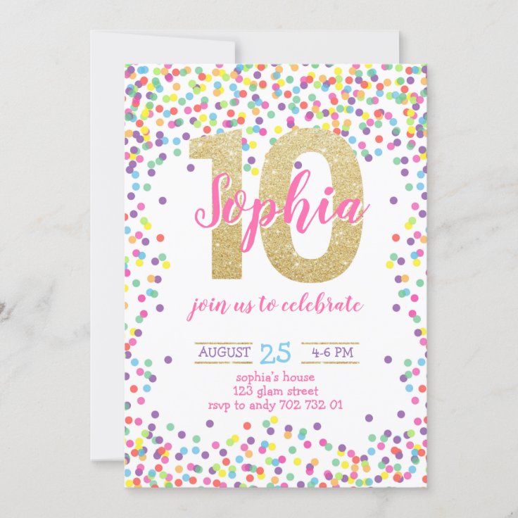 Colorful Confetti Gold Number Girl 10th Birthday Invitation | Zazzle