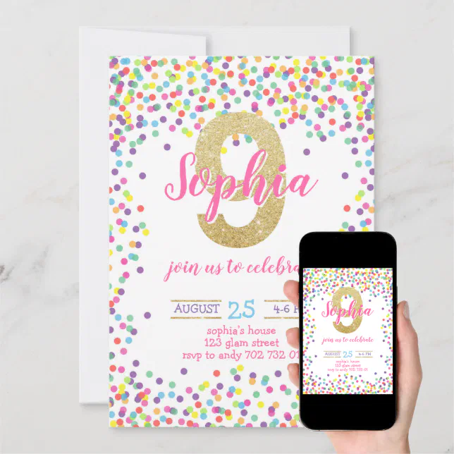 Colorful Confetti Gold Number Girl 9th Birthday Invitation | Zazzle