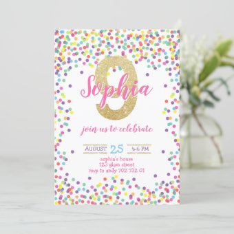 Colorful Confetti Gold Number Girl 9th Birthday Invitation | Zazzle