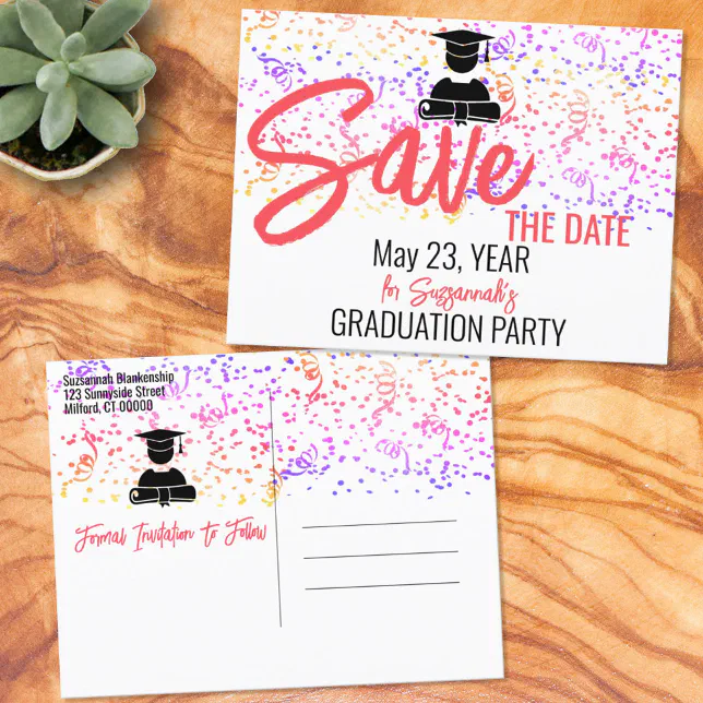 Colorful Confetti Graduation Party Save The Date Announcement Postcard ...