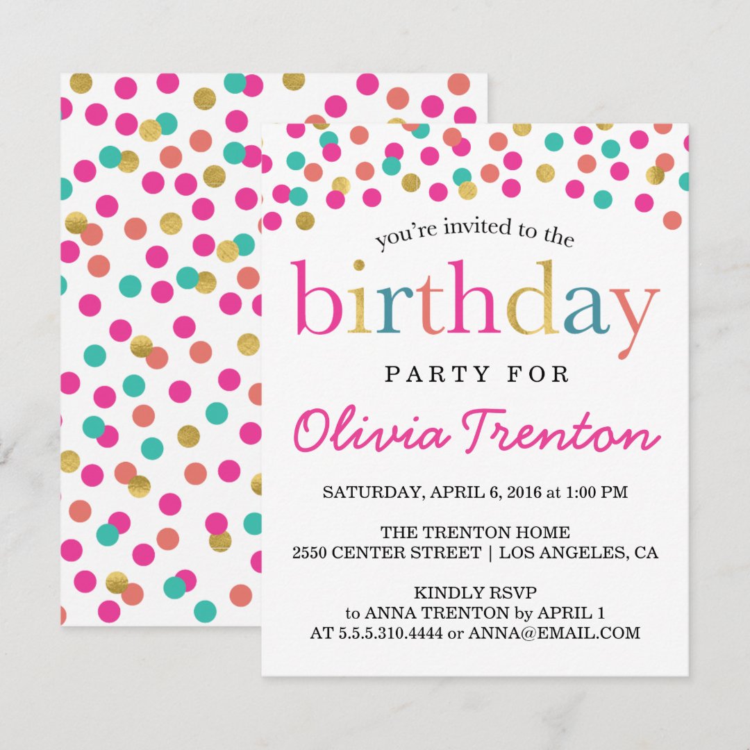 Colorful Confetti Kids Birthday Party Invitations | Zazzle